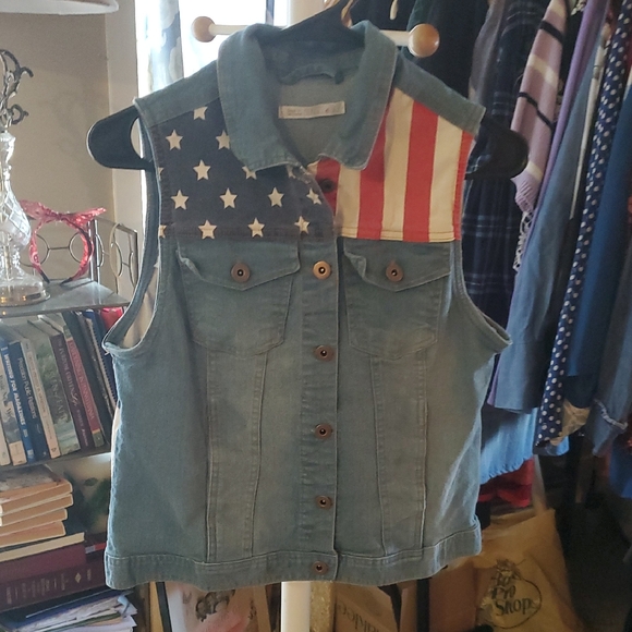 Sky | Tops | Sunset Sky Denim Vest With Flag Design S | Poshmark